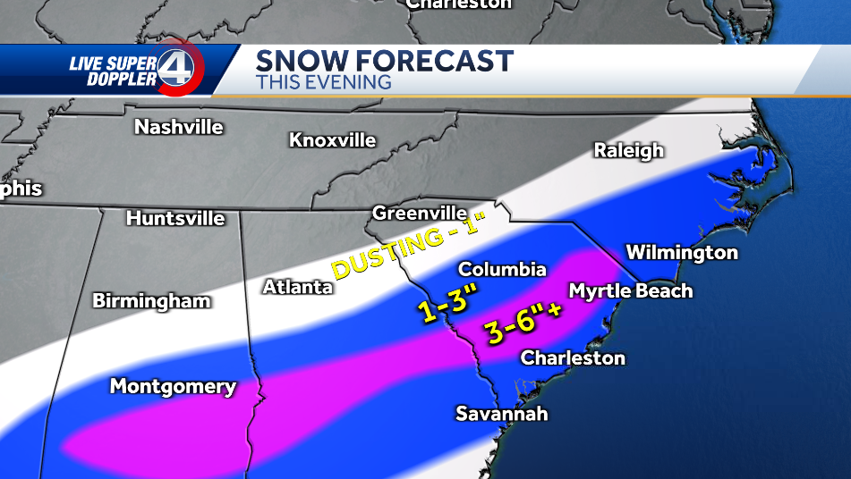 Snow begins in South Carolina; rare snow event along coast