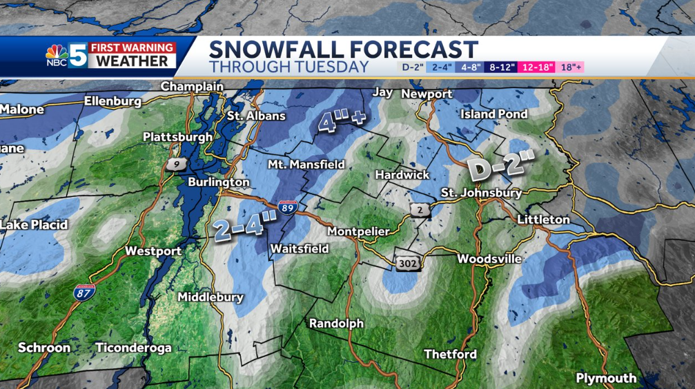 Snowy Tuesday for mountain areas in New York and Vermont