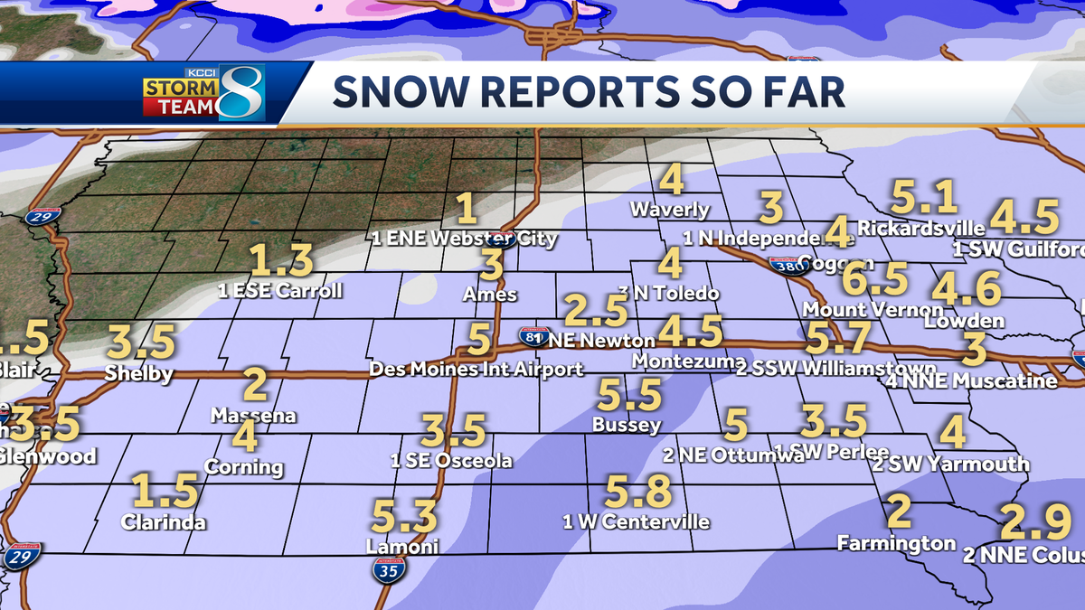 Monday snow totals reported around Iowa