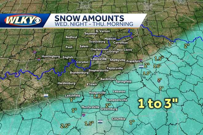 Where snow was reported in Louisville and Kentucky