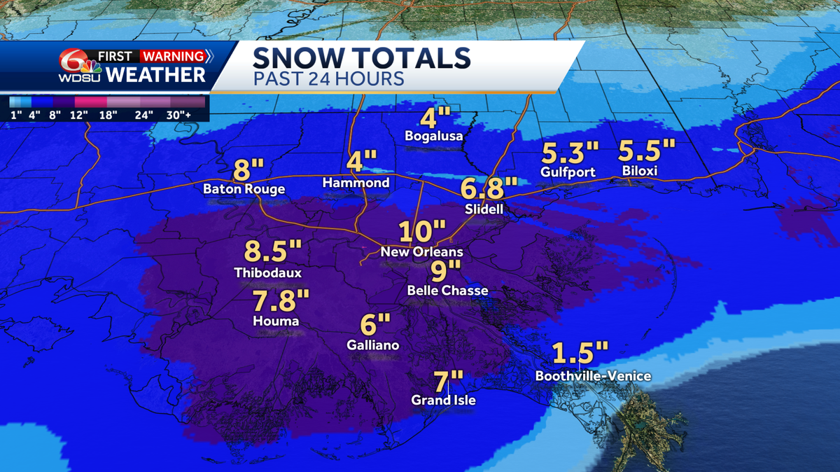 Final snowfall totals for southeast Louisiana
