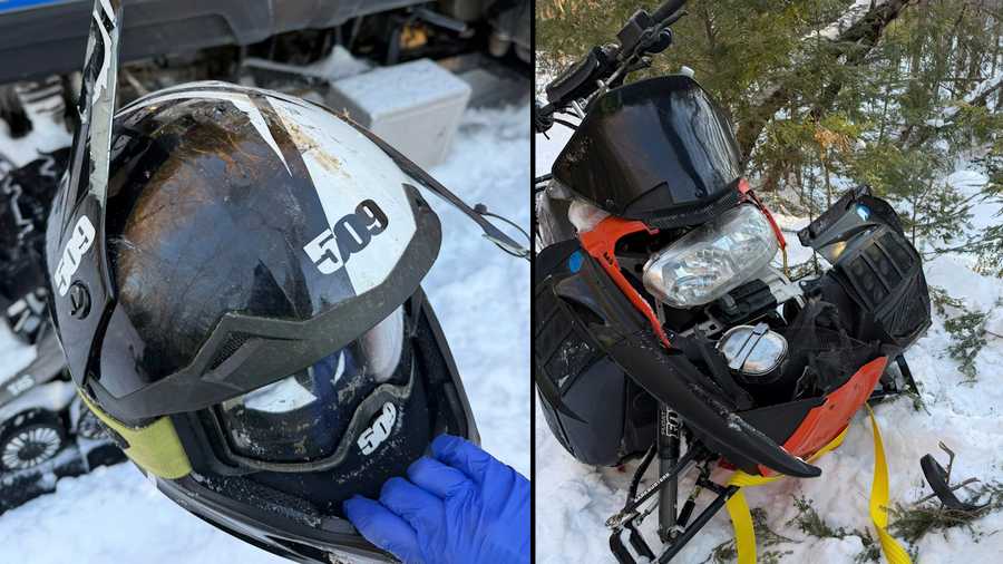See the helmet damage after a snowmobile hits a tree in Maine