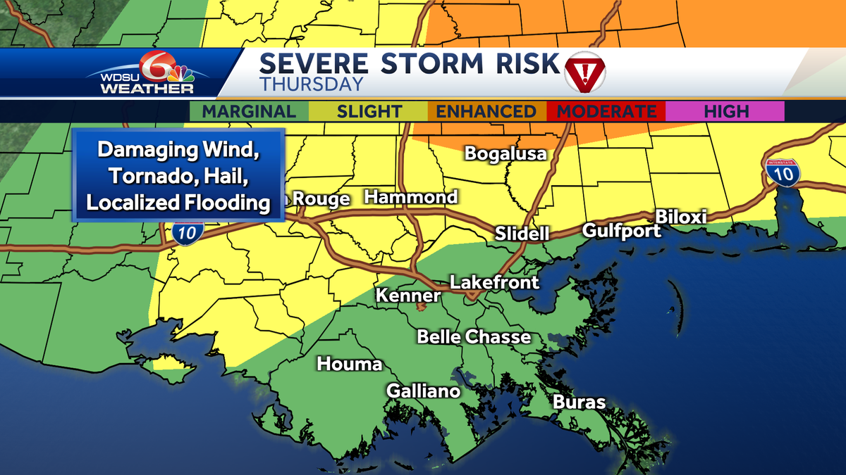 Risk of damaging wind, tornadoes in southeast Louisiana