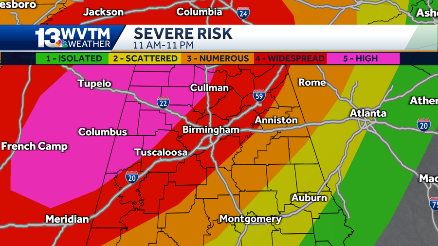 Severe weather forecast graphics Thursday central Alabama