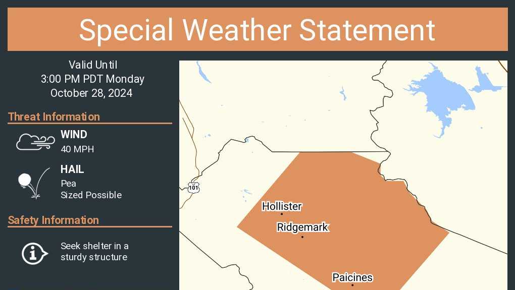 Storm could bring 40 mph winds and hail to Hollister area