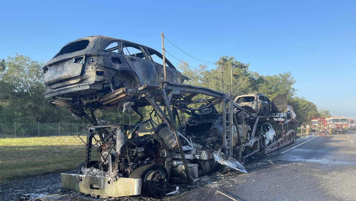 Car hauler catches on fire in Orange County