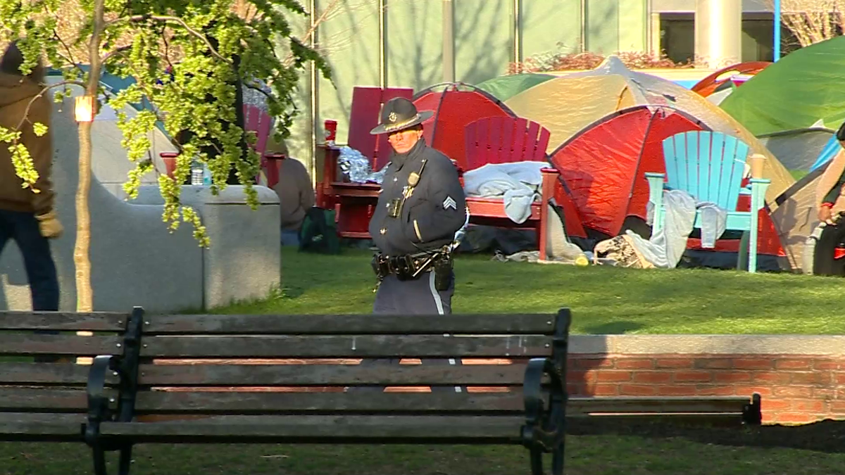 Police, troopers keep watch over protest encampment in Boston
