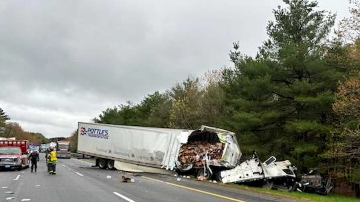 Cargo, fuel spilled on Mass. highway after tractor-trailers crash
