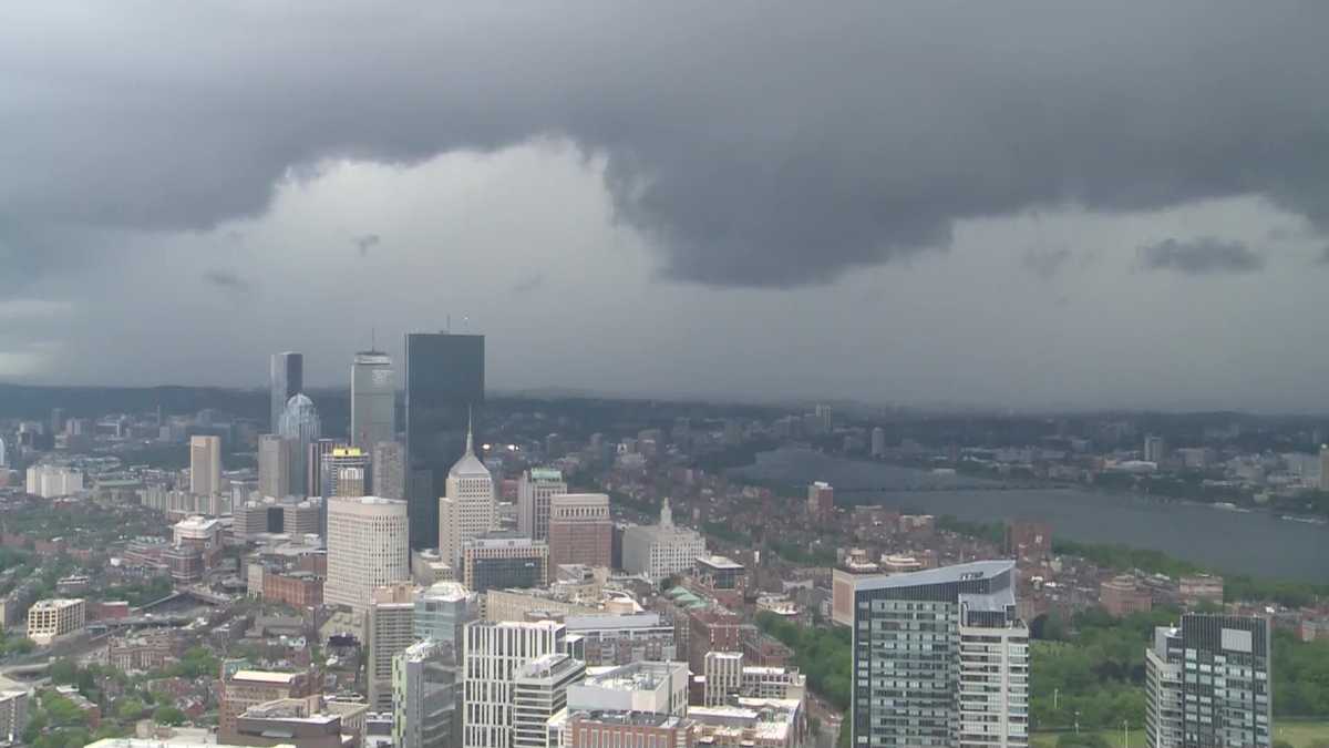 Birds-eye view of wall of rain moving through Boston