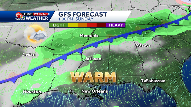 Super Bowl Sunday weather forecast New Orleans weather warm rain