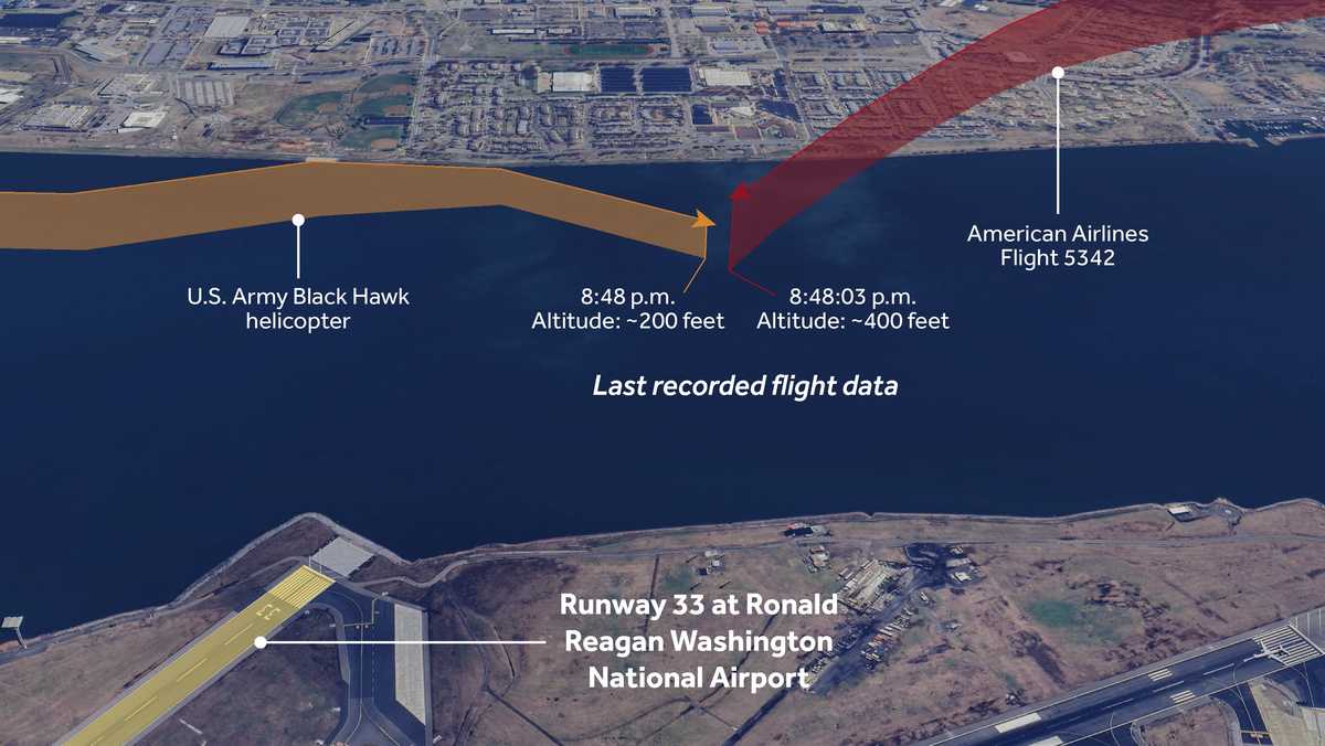 Map shows view of approximate paths of the two aircraft that collided ...