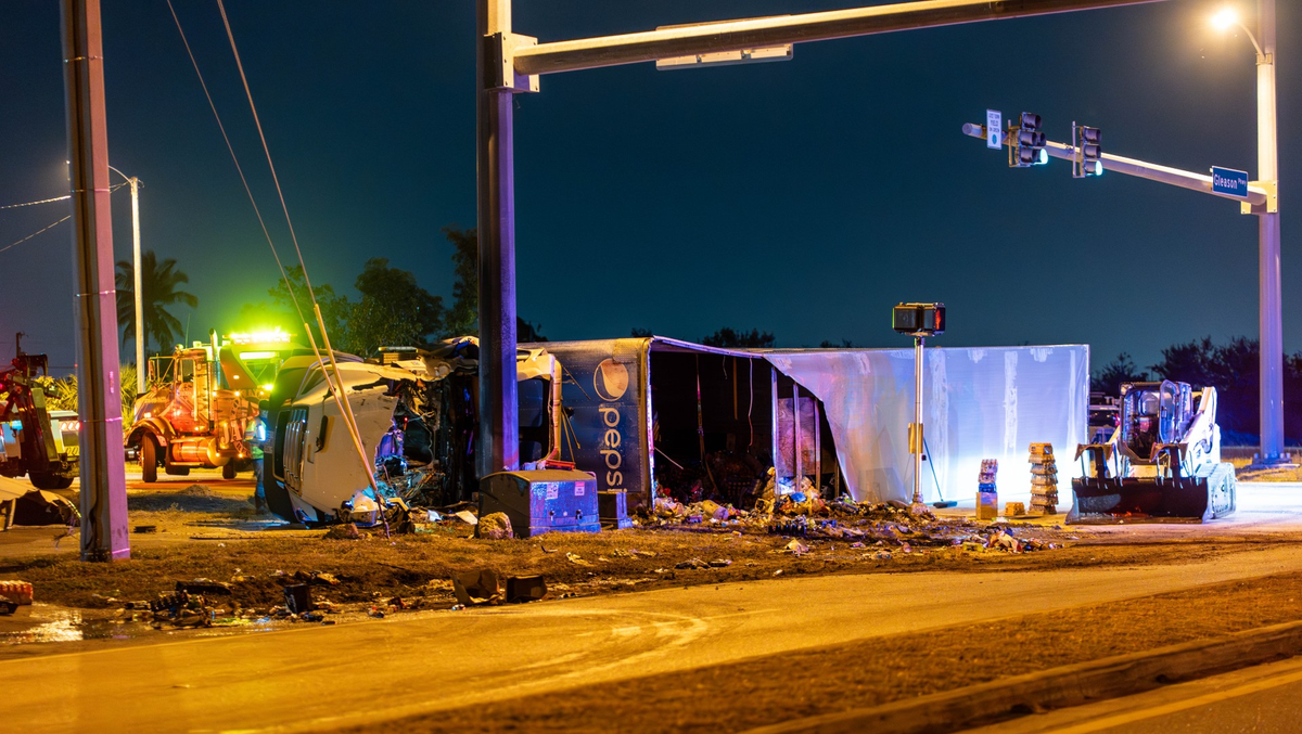 Pepsi semitrailer overturns in early morning Cape Coral crash