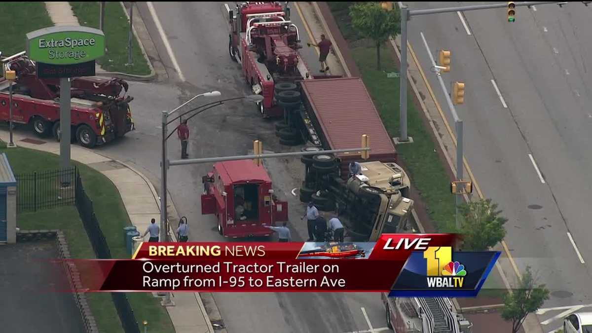 Overturned tractor-trailer slows traffic in east Baltimore