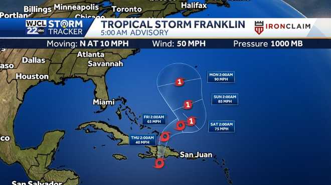 Spotty showers today and breezy. Tracking Tropical Storm Franklin