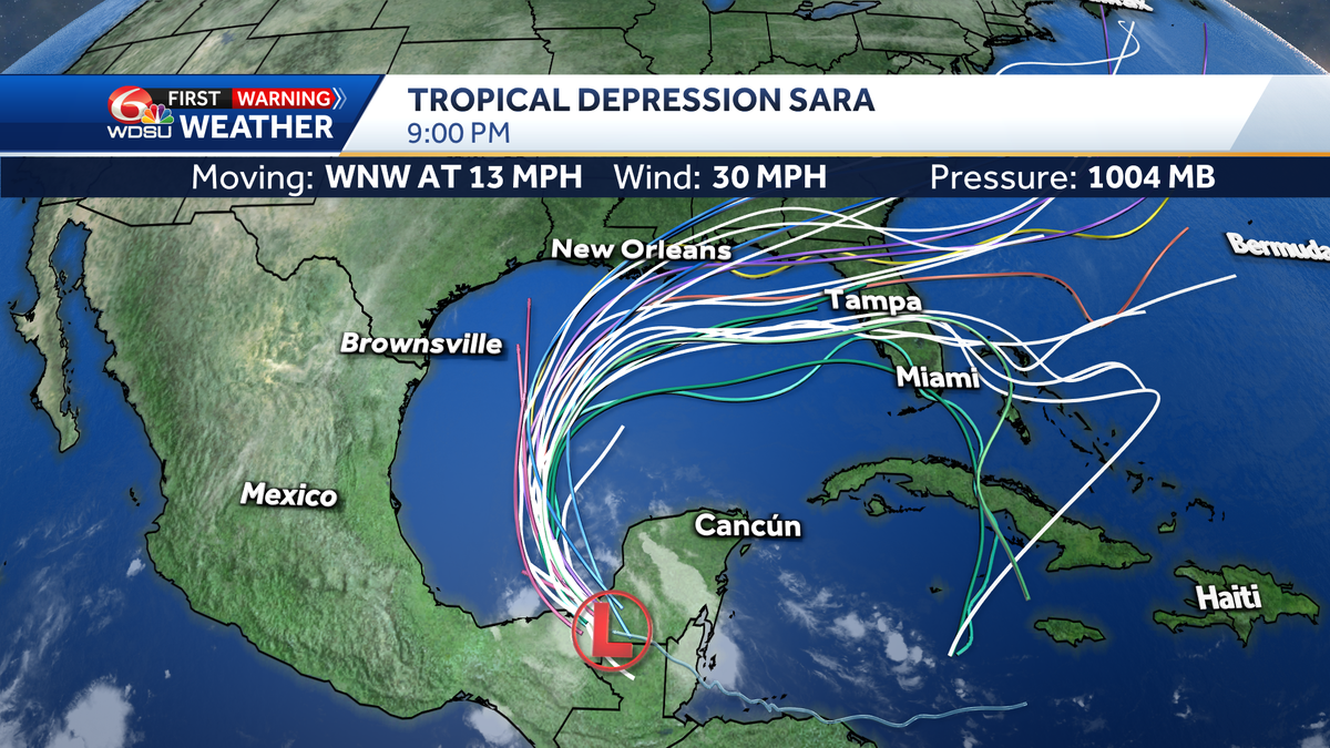 Tracking Tropical Storm Sara: Cone, spaghetti models, track