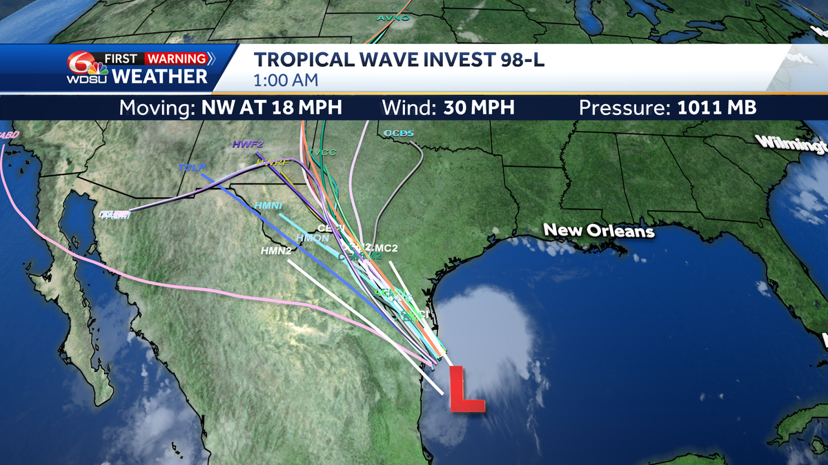 Gulf invest 98L chance tropical depression storm hurricane fernand
