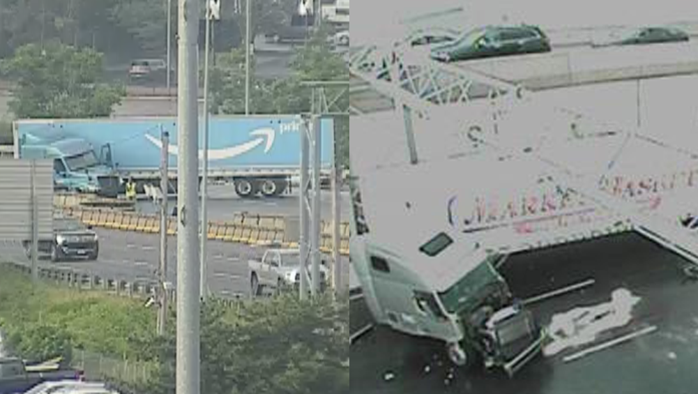 Market Basket, Amazon tractor-trailers jackknife on I-93