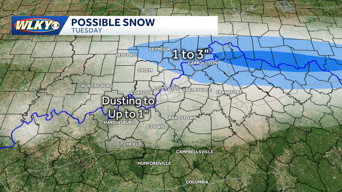 Who gets snow Tuesday in the Louisville region and how much