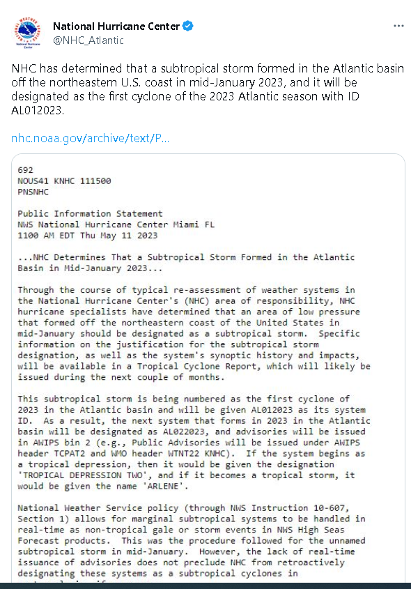 National Hurricane Center confirms first cyclone of 2023