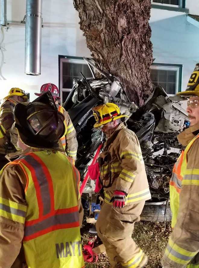3 hurt in crash that left car wrapped around tree