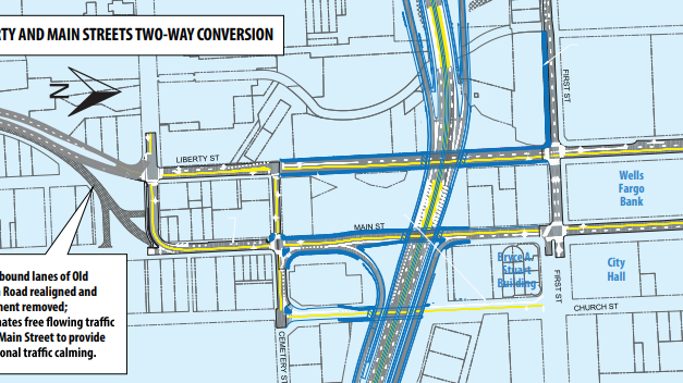Crews creating two-way street conversion along Liberty Street, Main ...