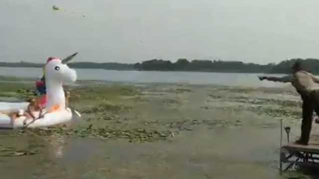 Inflatable unicorn stuck on lake leads to laughs, rescue