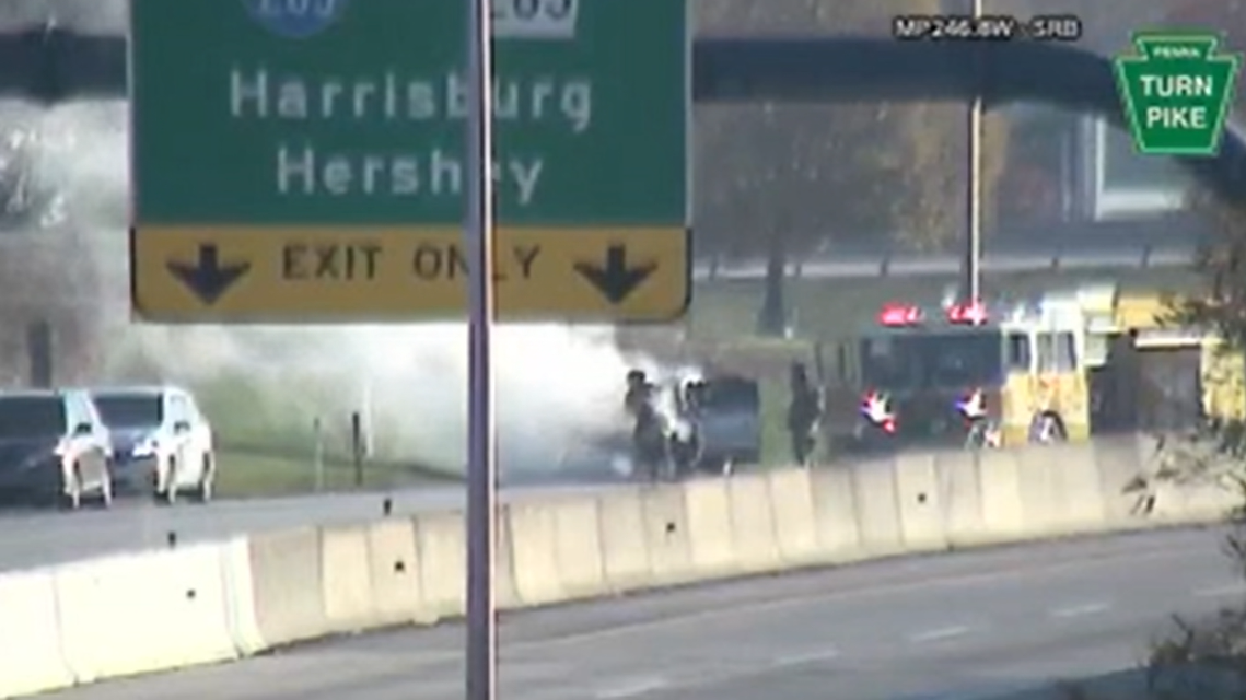 Vehicle fire blocks lane of travel on the turnpike
