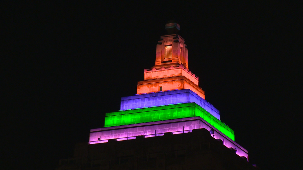 Pittsburgh buildings lit up in rainbow colors with Pride Month underway