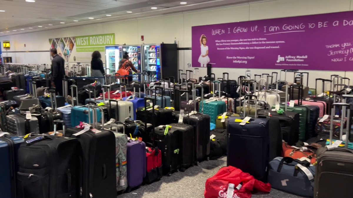 Sea of baggage in Logan while carrier struggles to recover after IT ...