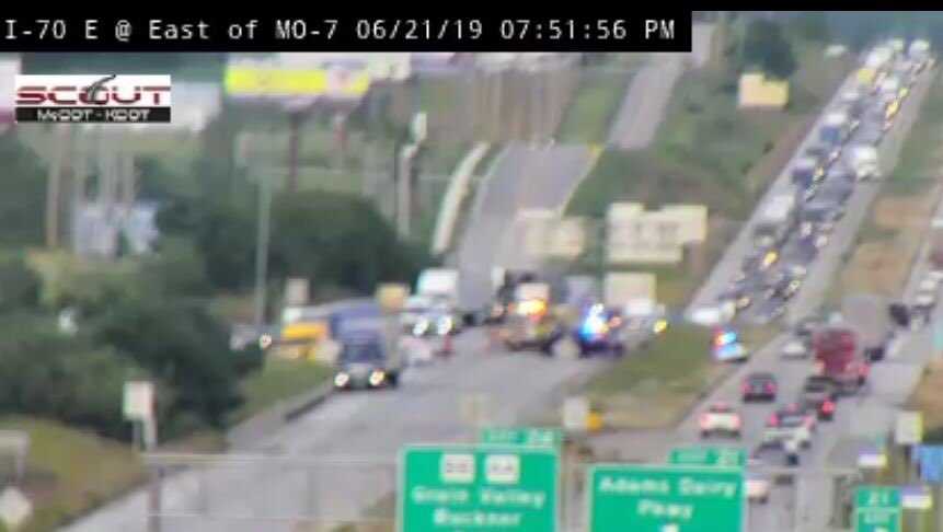 Multi-vehicle crash snarls westbound I-70 at Adams Dairy Parkway