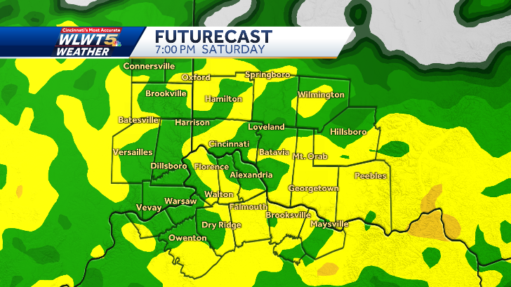 Hour-by-hour rain forecast for Cincinnati region Saturday