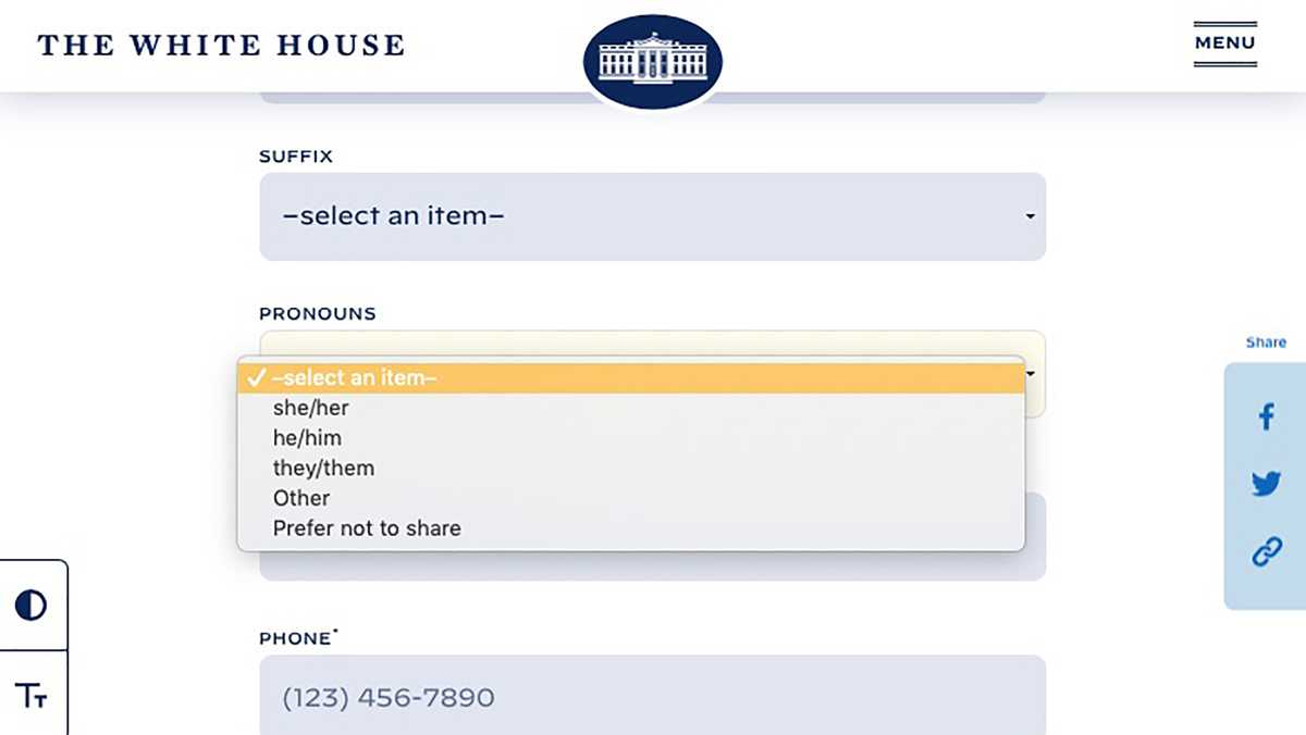 The White House contact form now lets people choose their personal pronouns