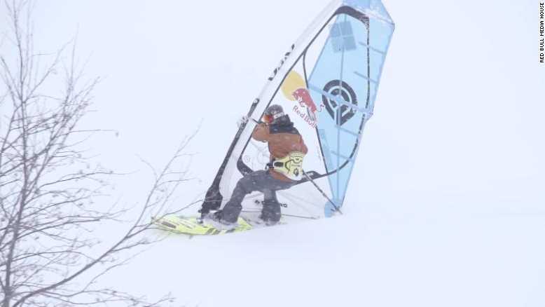 Windsurfing down a snowy Japanese mountain