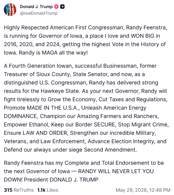 Iowa governor's race: Donald Trump endorses Randy Feenstra in GOP primary
