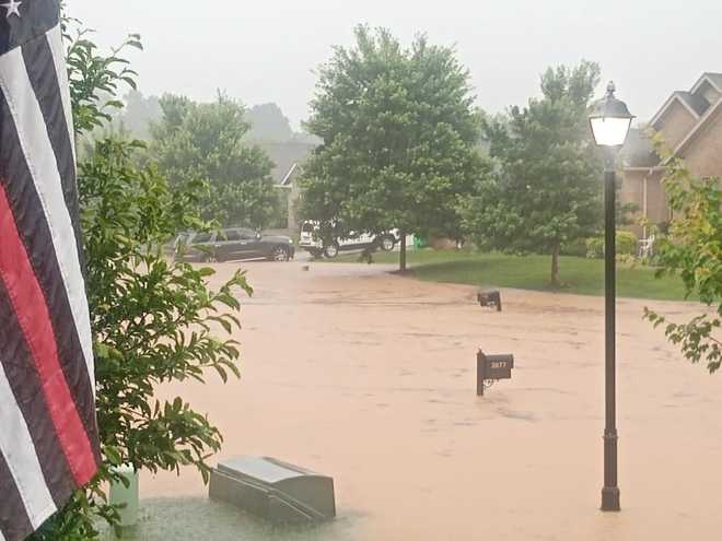 All streets closed in downtown Corydon, Indiana due to flood