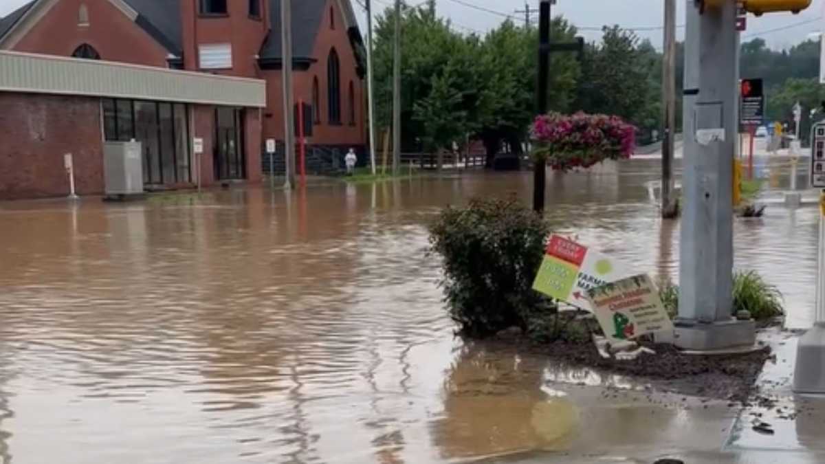 All streets closed in downtown Corydon, Indiana due to flood