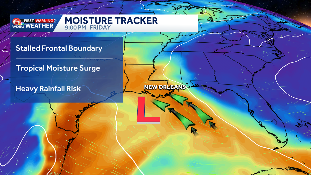 Louisiana flood risk as Gulf disturbance moves inland