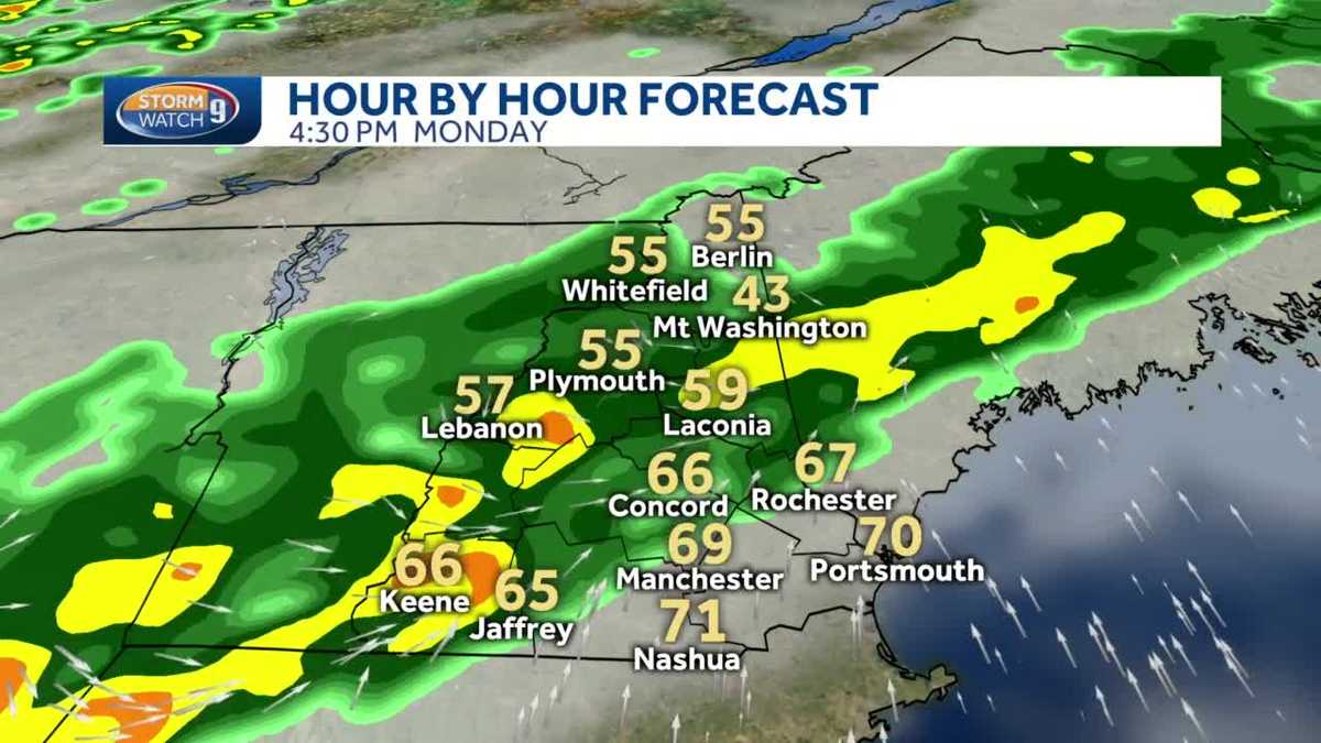 Steady rainfall Monday for NH; some heavy downpours, rumbles of thunder ...