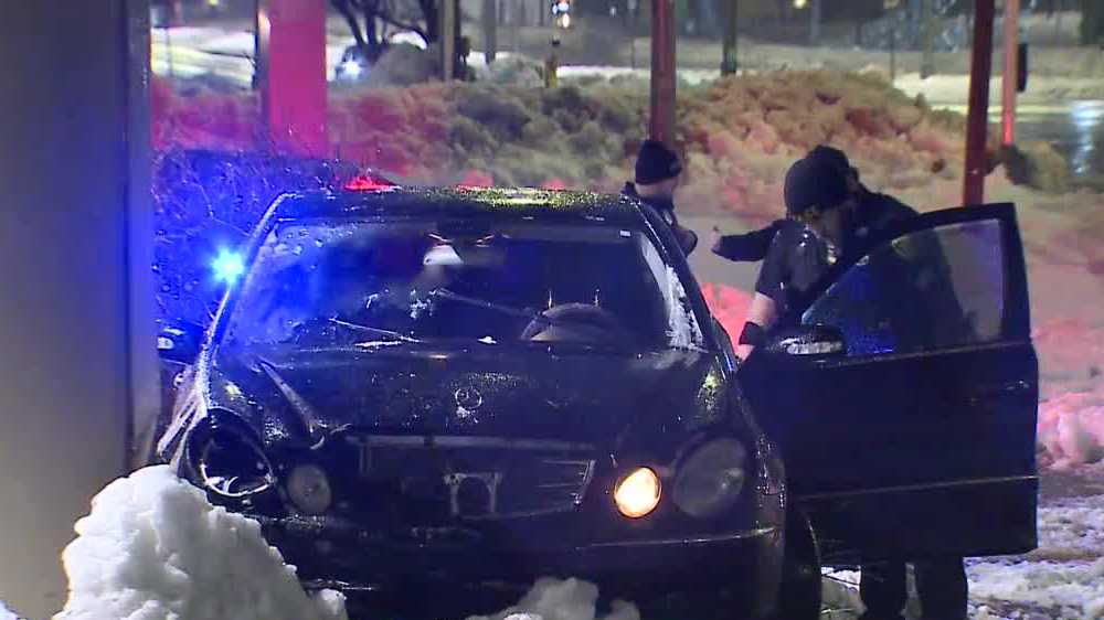 Car jumps snowbank, crashes into Chase Bank during Greendale police chase