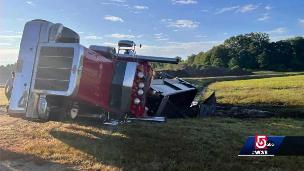 Tractor trailer topples into cranberry bog in Plympton, Massachusetts