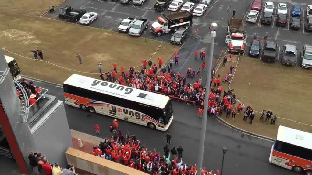 Bird's-eye view of Clemson Tiger buses headed to Nat'l championship