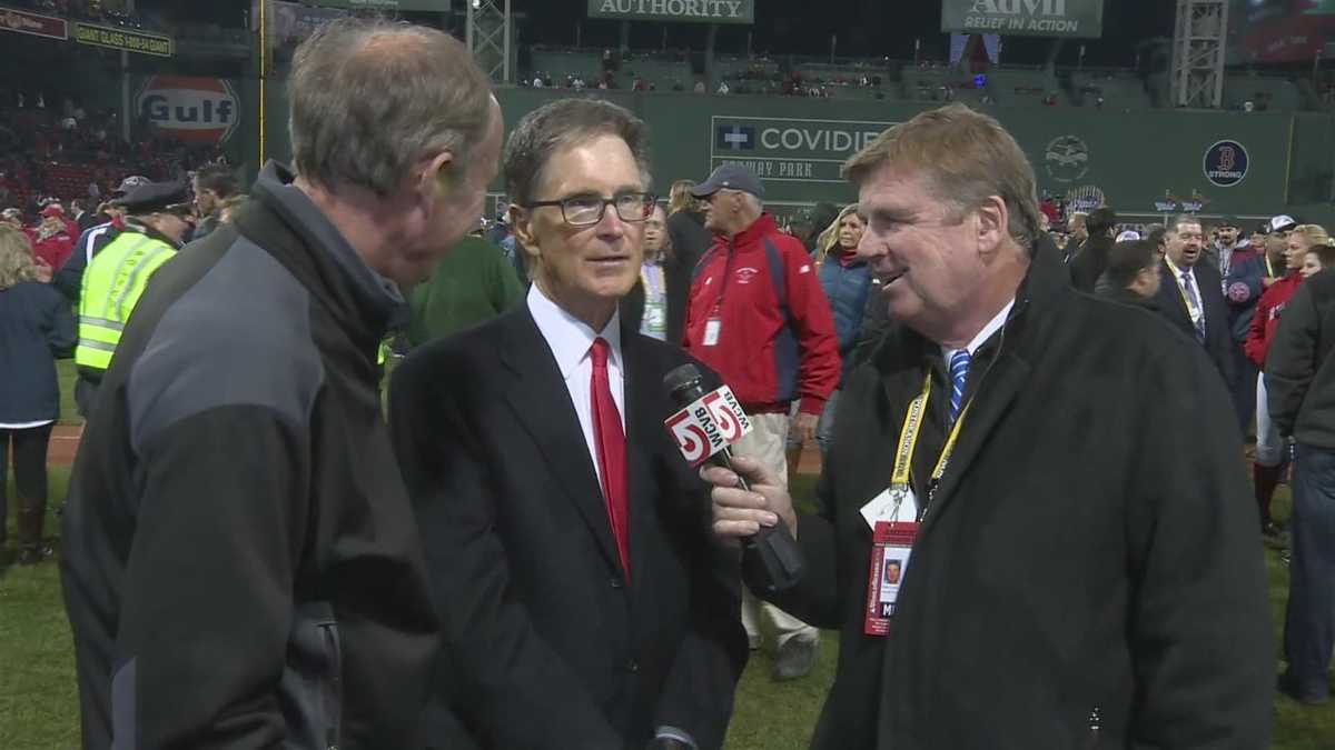 Boston Red Sox owner John Henry reacts to World Series victory