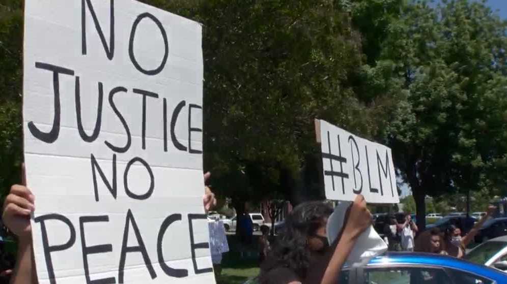 Demonstrators rally in front of Stockton PD during Floyd protest