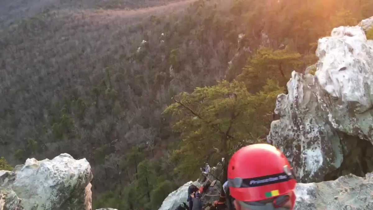 Person stuck on Sauratown Mountain, rope rescue in progress