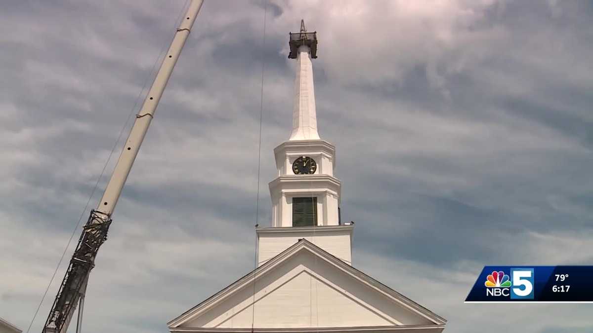 Stowe community celebrates hoisting of iconic steeple following repairs