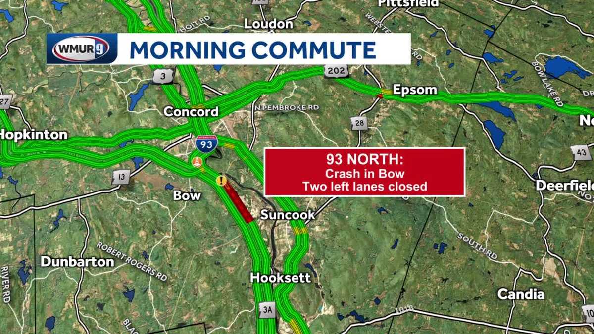 2 lanes closed on I-93 north in Bow, New Hampshire, after crash