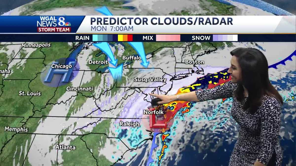 Damp & mild today, light snow early Monday for some