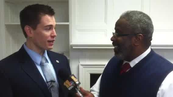 Tim Tooten talks with finalist Sean McComb