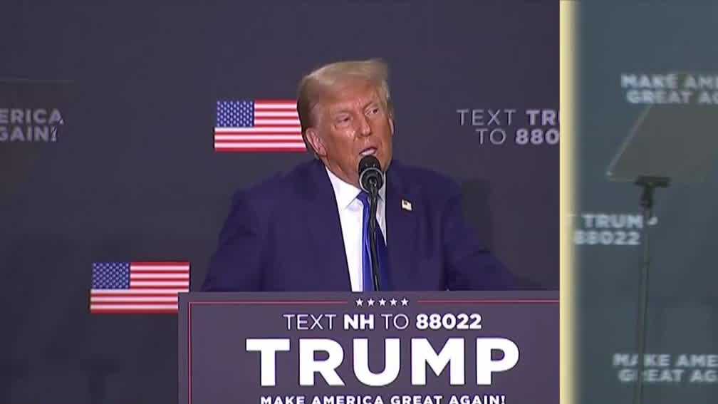 Former president Trump speaks to supporters after filing for NH primary