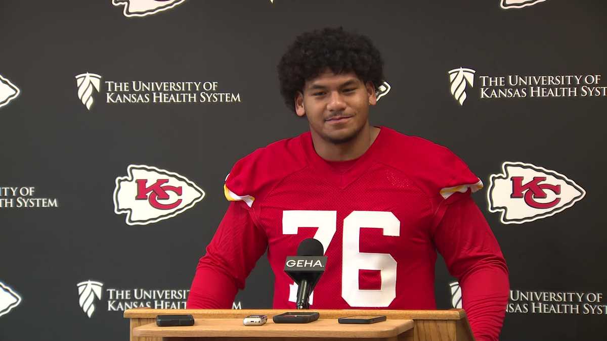 Tackle Kingsley Suamataia speaks at Chiefs rookie minicamp